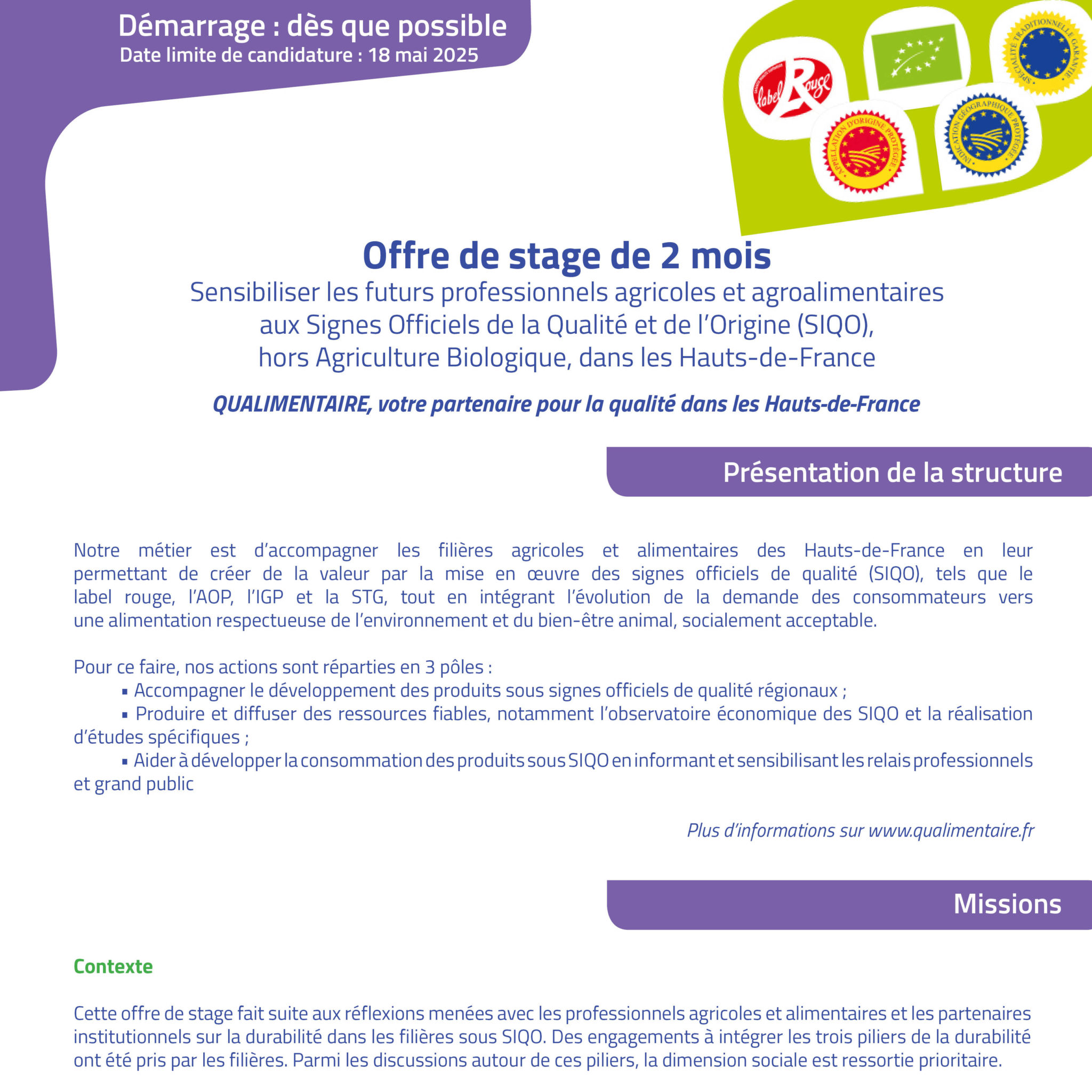 Offre de stage de 2 mois